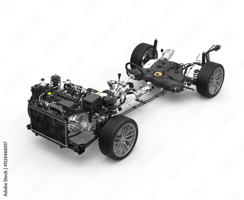 Vehicle drivetrain and powertrain on transparent background. Front ...