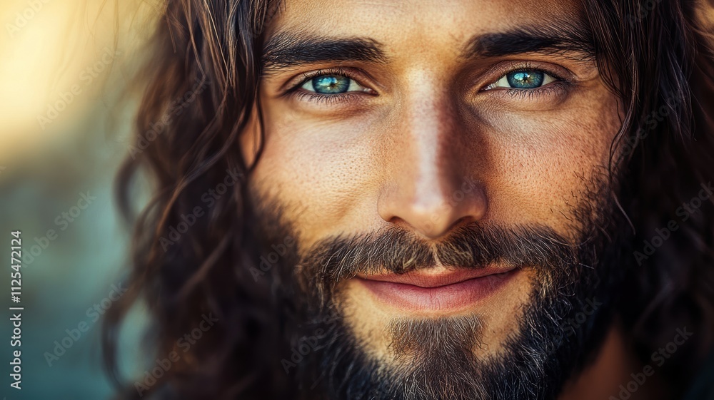 A close-up portrait of Jesus Christ with a gentle smile and expressive ...