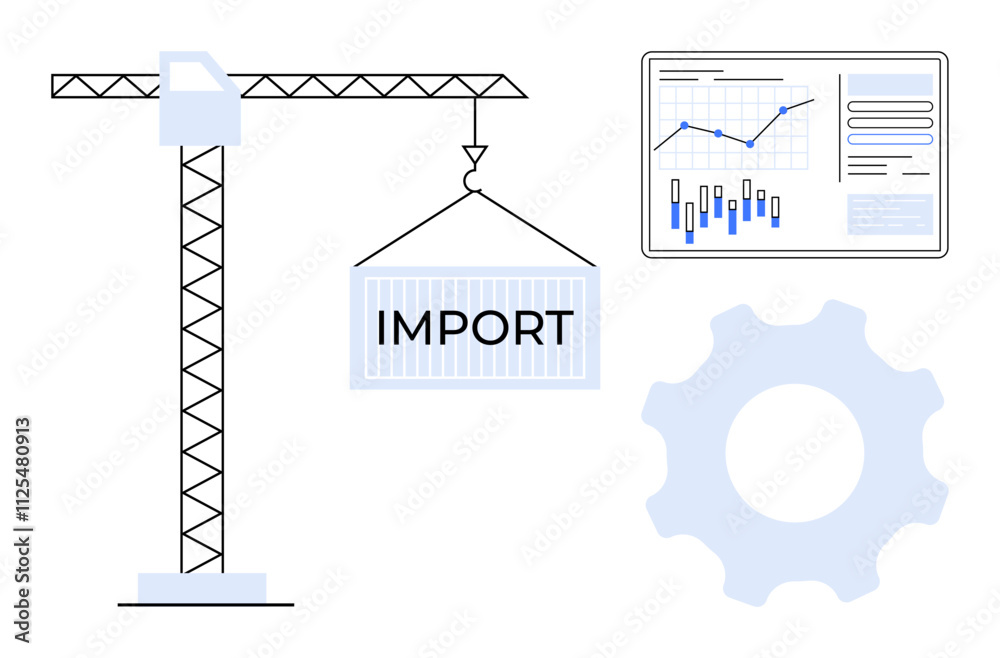 Cargo container labeled IMPORT hanging from crane. Graphs and charts ...