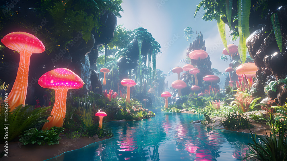 A vibrant AI-generated jungle filled with oversized luminescent plants ...