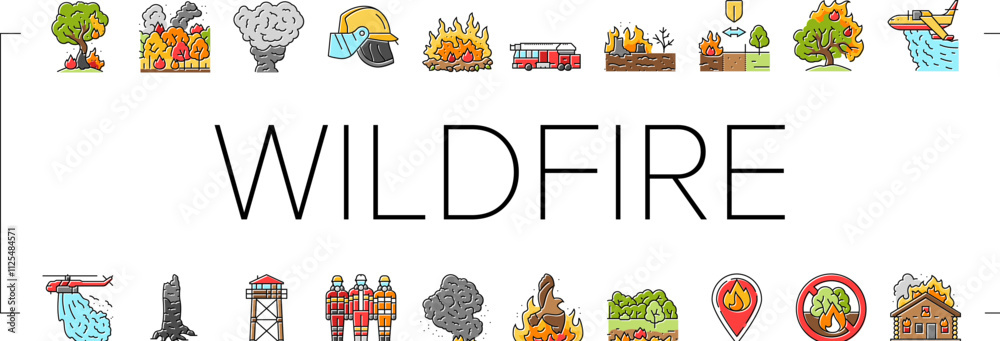 wildfire blaze firestorm burn icons set vector. inferno flames, smoke ...