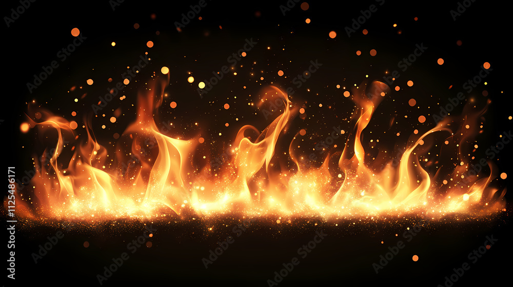 Glowing fire embers and particles floating against a black background ...
