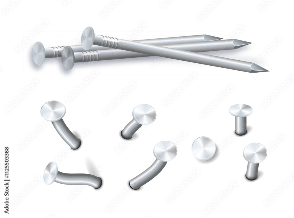Nails hammered into wall steel straight and bent metal hardware spikes ...