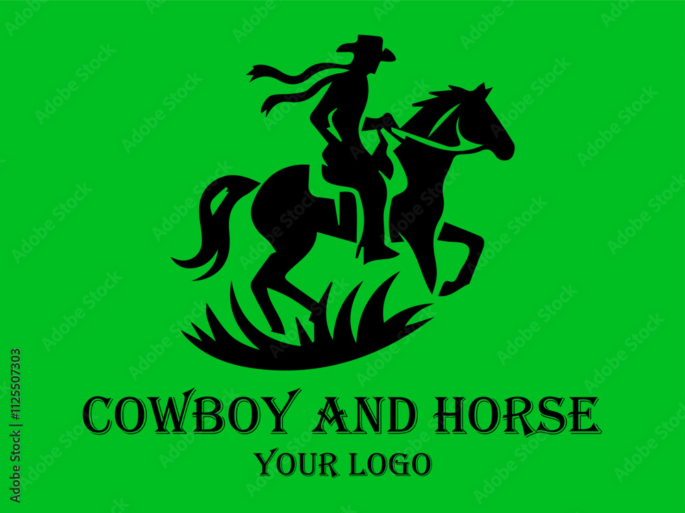 Black cowboy rides fast horse against green background. Suitable for ...