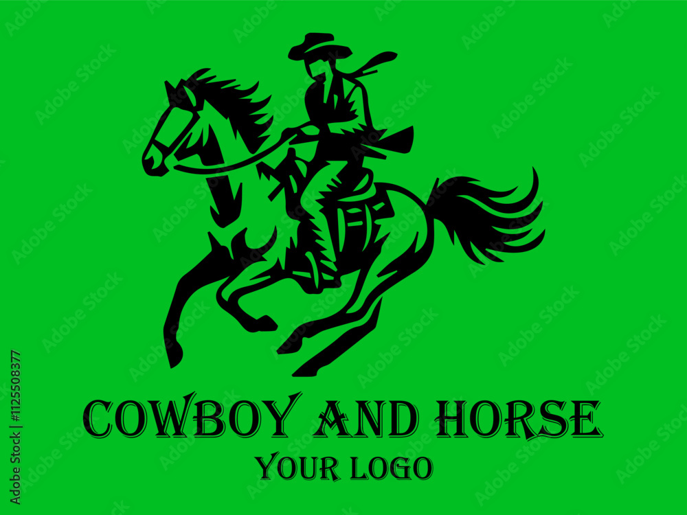 Black cowboy rides fast horse against green background. Suitable for ...