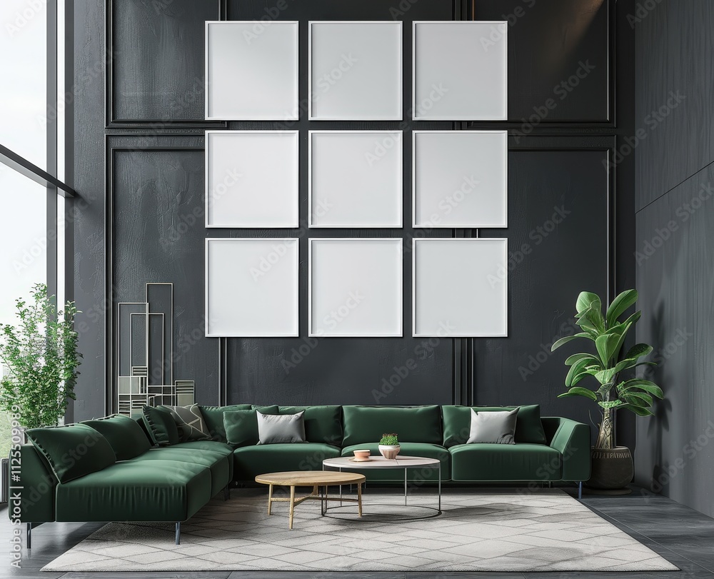 Modern living room interior with a green sectional sofa. a coffee table ...