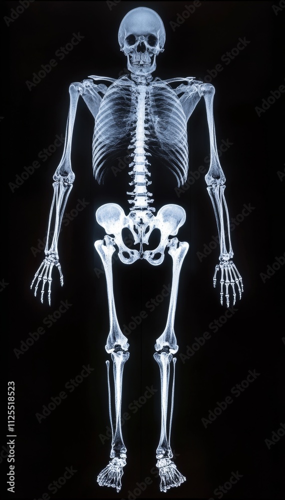 Frontal X-ray Of A Complete Adult Human Skeletal System On Black ...