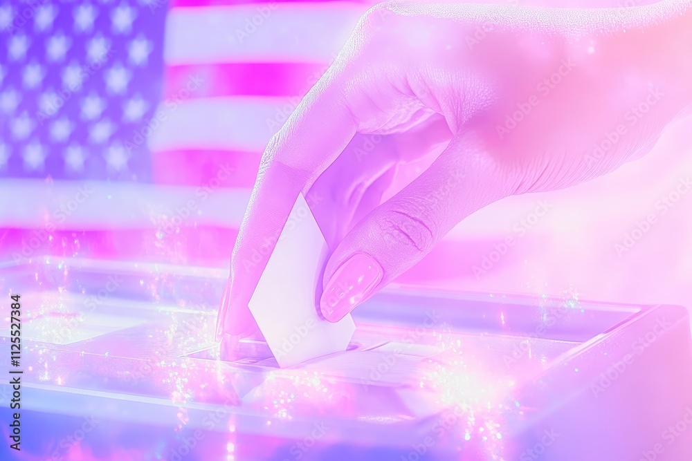 Voter inserting ballot in electronic voting machine with american flag ...