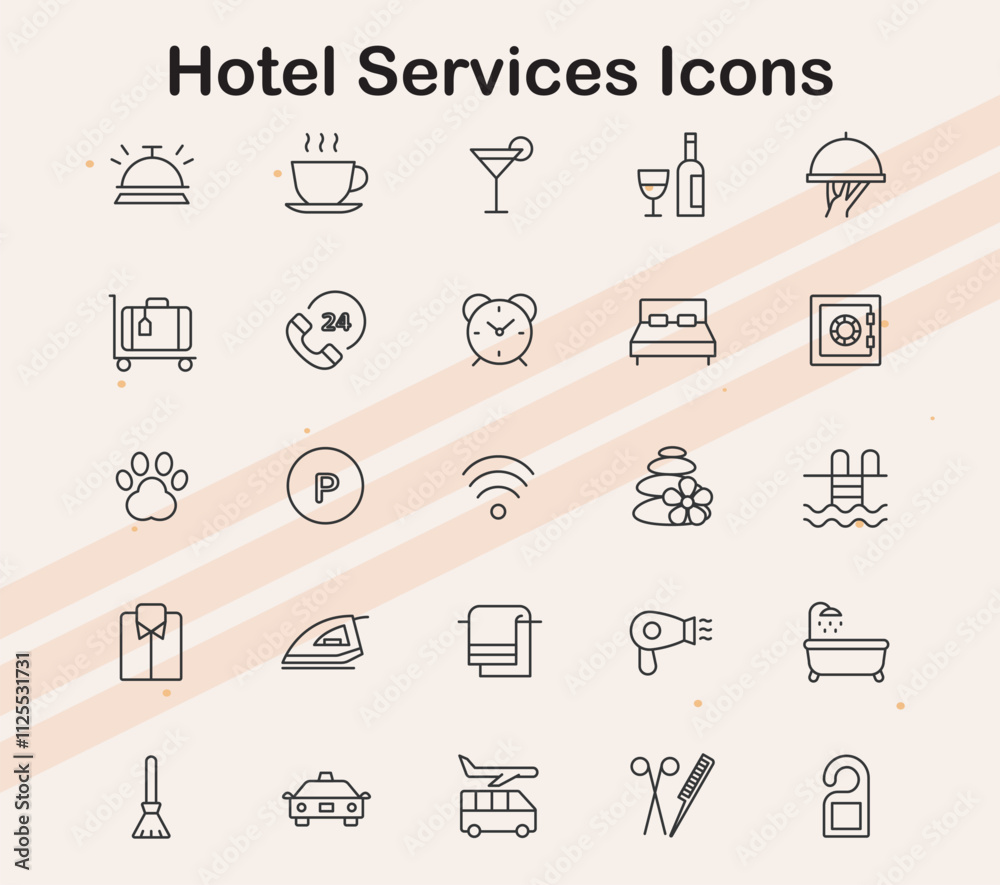Icons for hotel and hospitality services representing rooms amenities ...