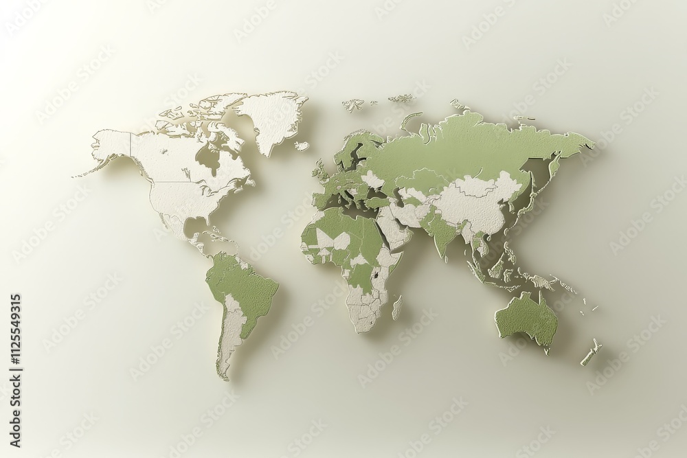 World map illustration with green shading representing countries and ...