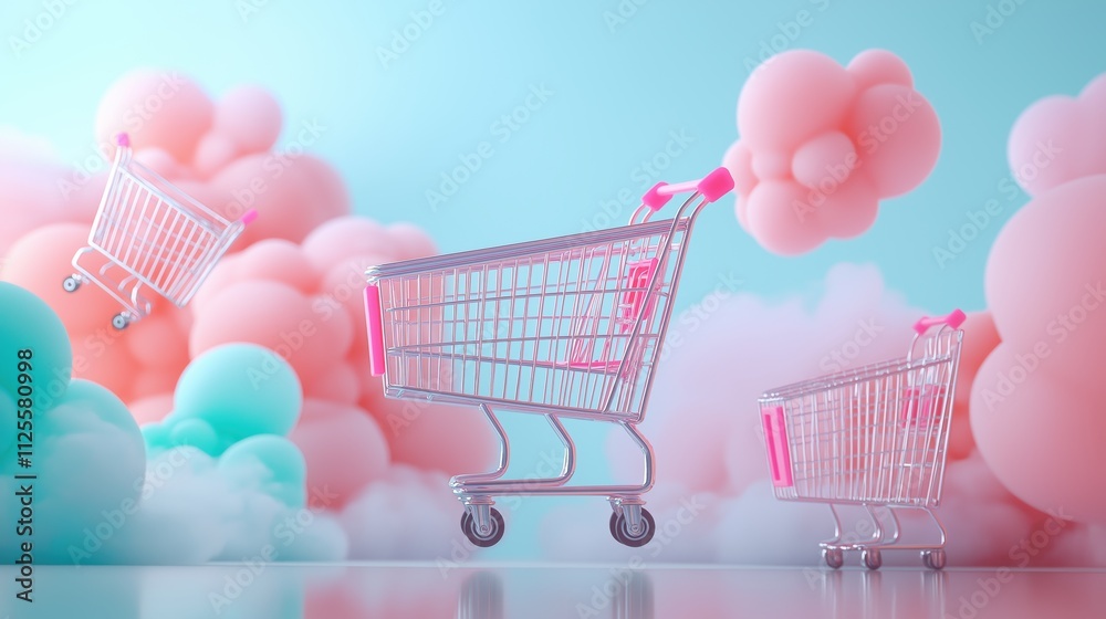 Whimsical pastel shopping concept with floating carts and cloud-like ...