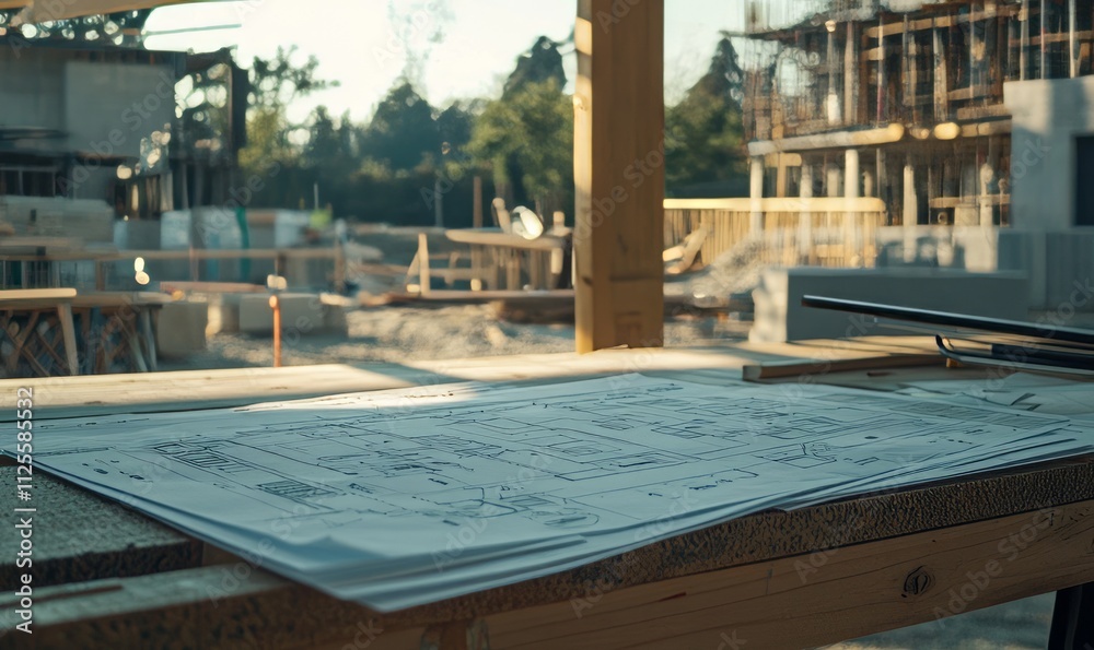 Table with architectural design, construction schedule sheets and in ...