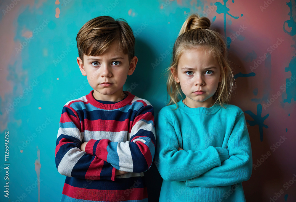two angry children with hands together. portrait of two children ...
