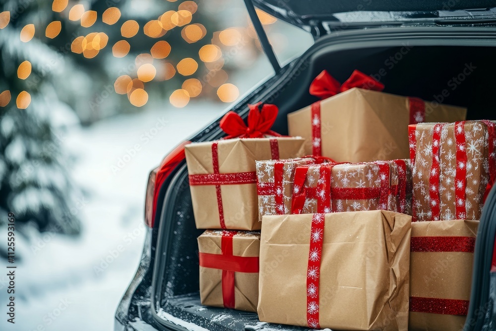 Festive holiday gifts in car trunk: christmas presents with red ribbons ...
