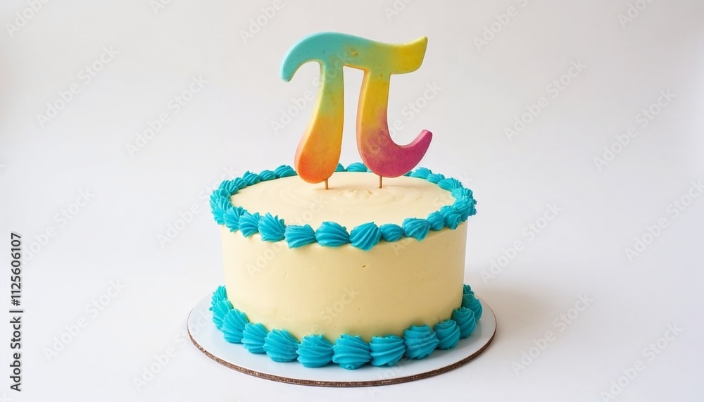 Bright cream cake with a colorful Pi symbol topper and blue frosting ...