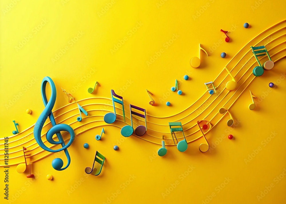 Colorful musical notes and symbols artfully arranged on a bright yellow ...