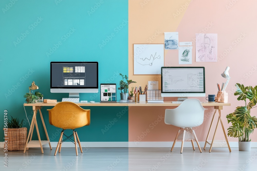 Two distinct workspace designs feature a minimalist setup with color ...
