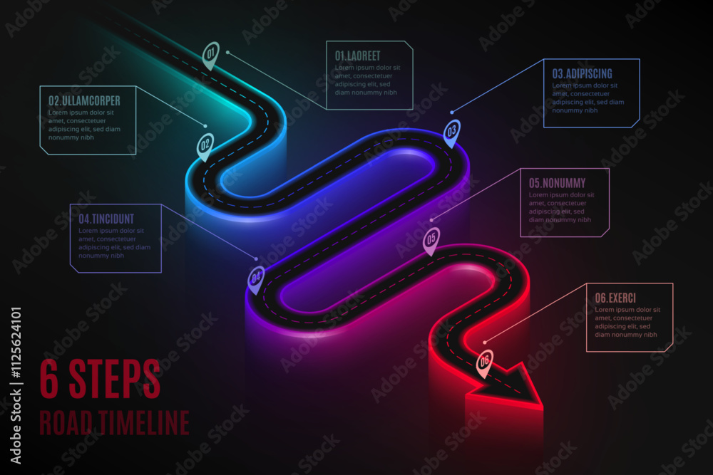 Isometric navigation map infographic 6 steps timeline concept. Stock ...