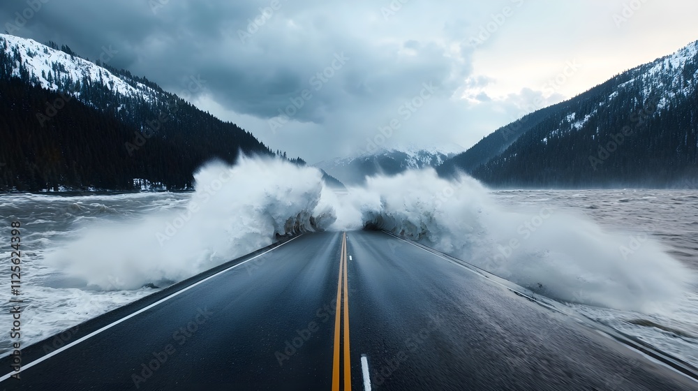 Highway drowning in storm surge, whitecaps crashing onto the road ...