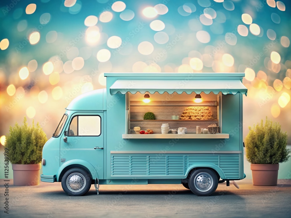 Light blue food truck with open window, vibrant pastel bokeh background ...