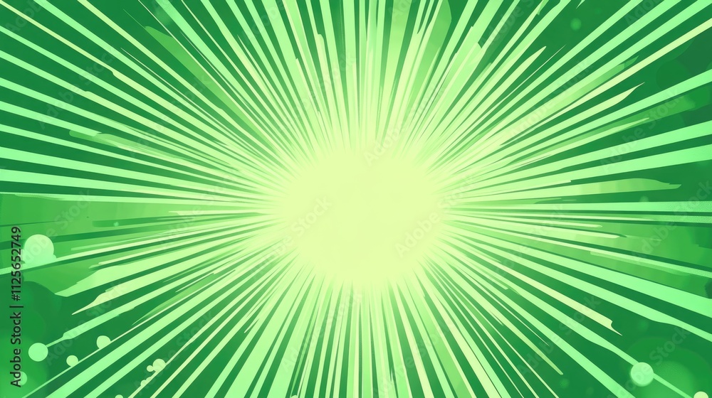 Green comics background. Abstract lines backdrop. Bright sunrays ...