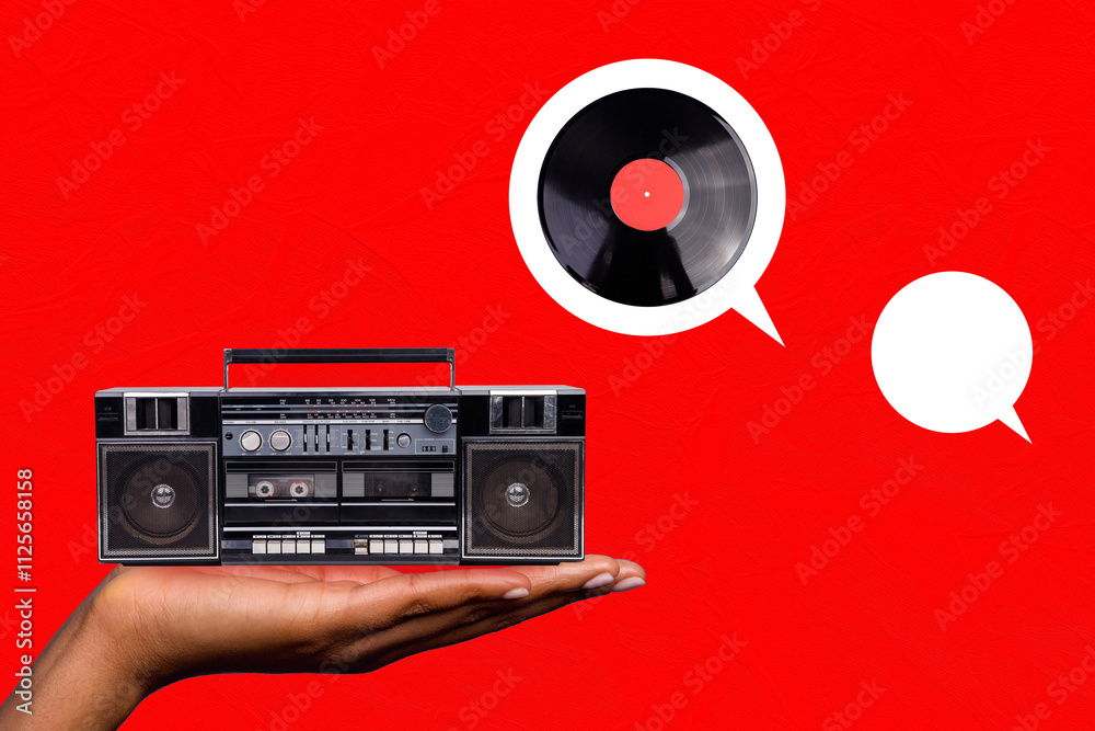 Composite photo collage of hand hold boombox player palm bubble cd disk ...