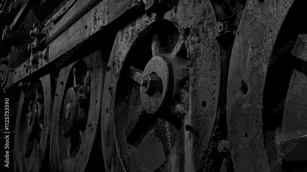 Detail view of the wheels and rotating mechanisms of an old black steam ...