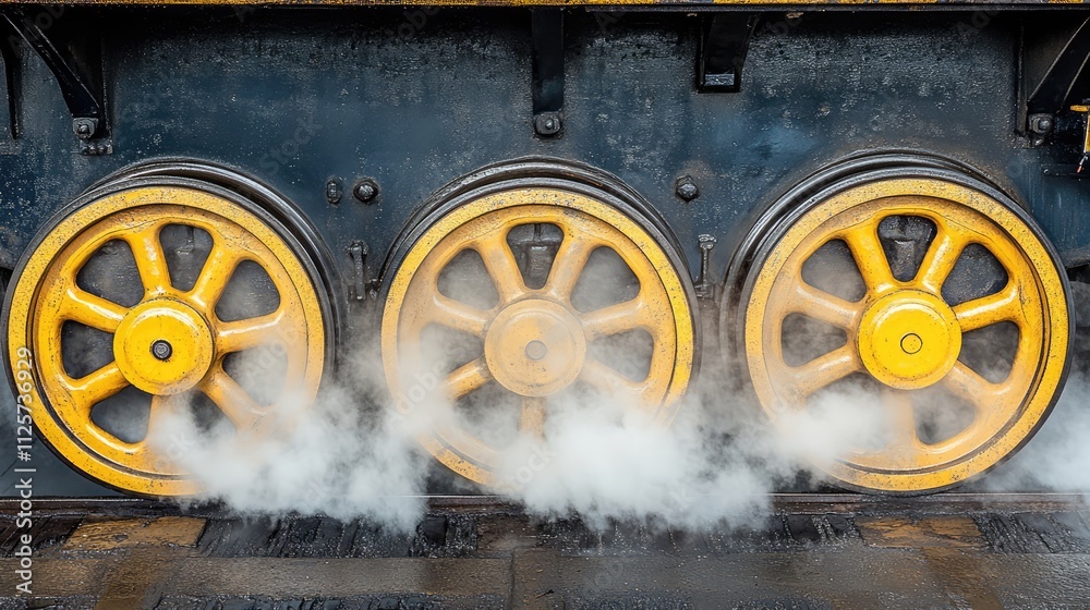 Steam locomotive wheels with vibrant yellow rims, emitting steam ...