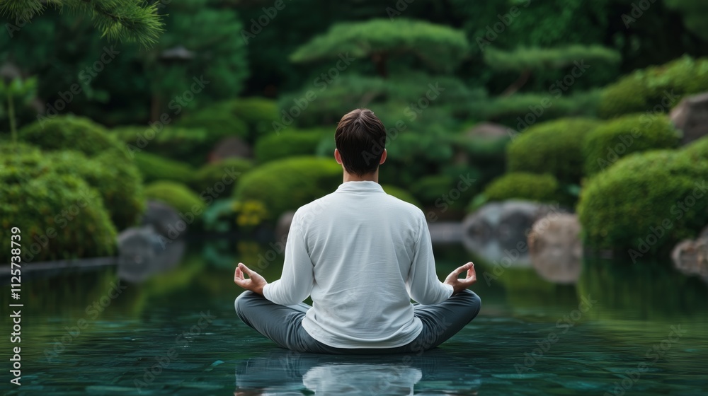 Meditation practice by a serene pond japanese garden nature scene tranquil environment peaceful ...