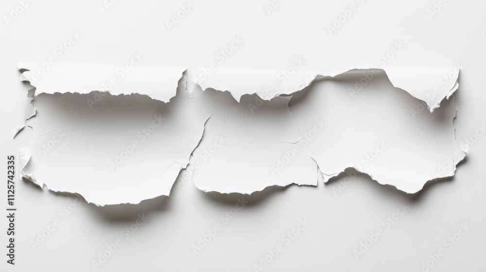 Torn strips of white ripped paper with uneven edges isolated on a clean ...