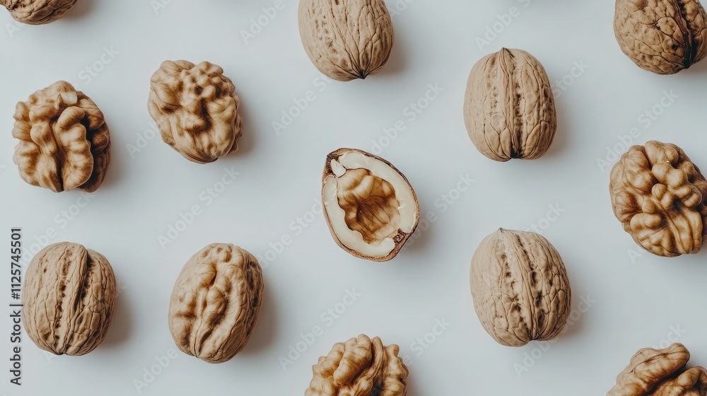 Whole and cracked walnuts arranged on a white surface, featuring a ...