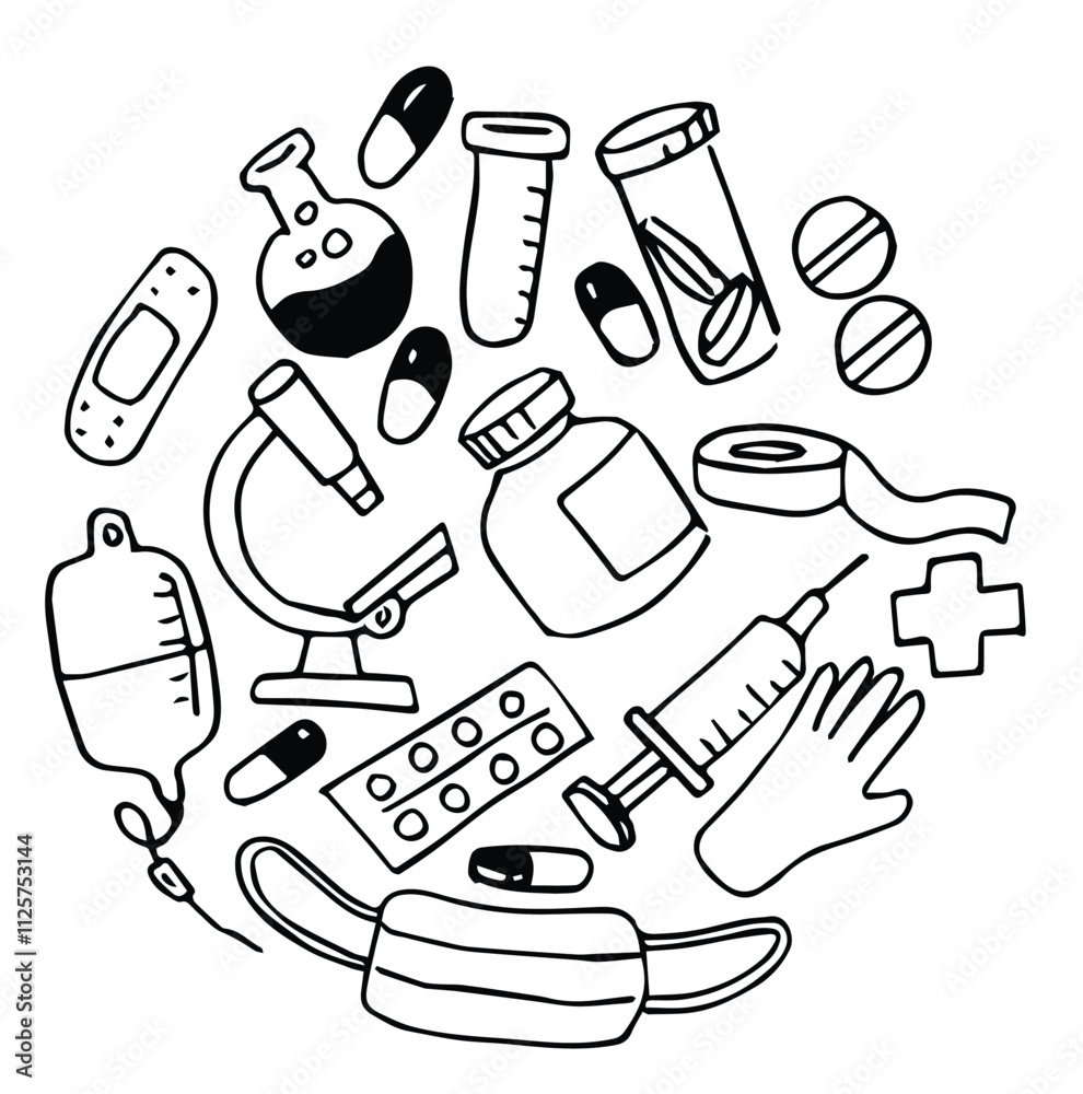 Hand drawn set of medicine doodles. Medicine equipment, drugs, pills ...
