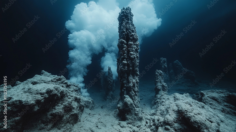 underwater hydrothermal vents with billowing columns of mineral-rich ...