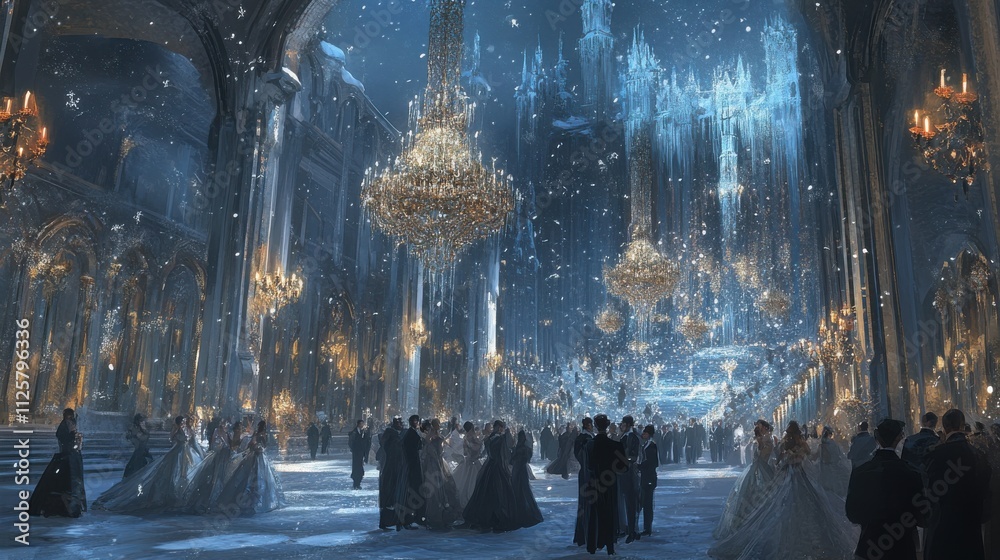 Snowfall at grand icy ballroom. Stock Photo | Adobe Stock