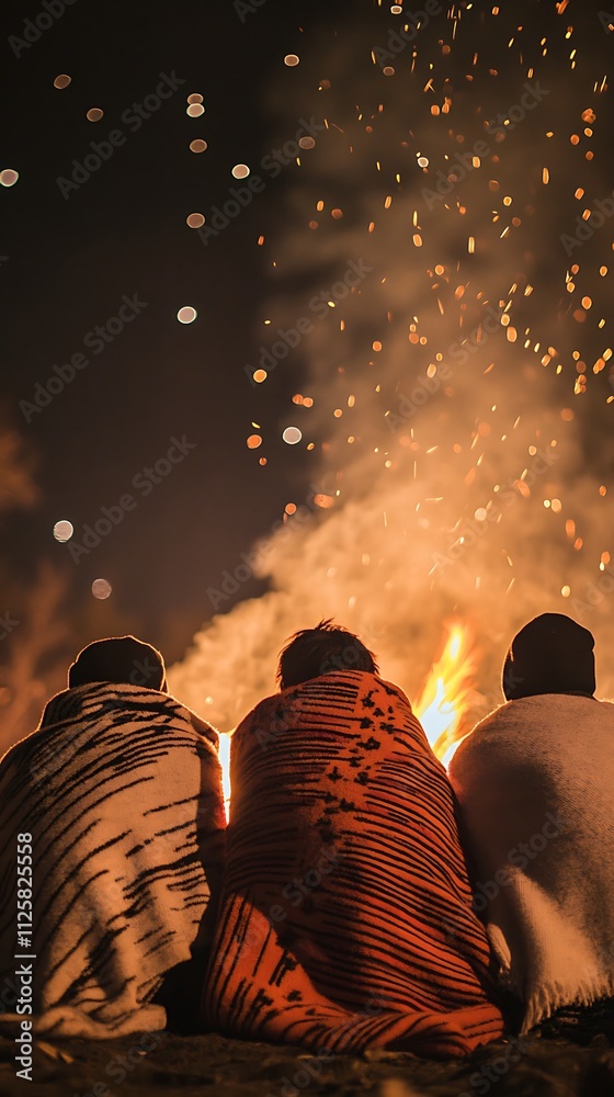 Three people huddled together, watching a bonfire at night. Stock Photo ...