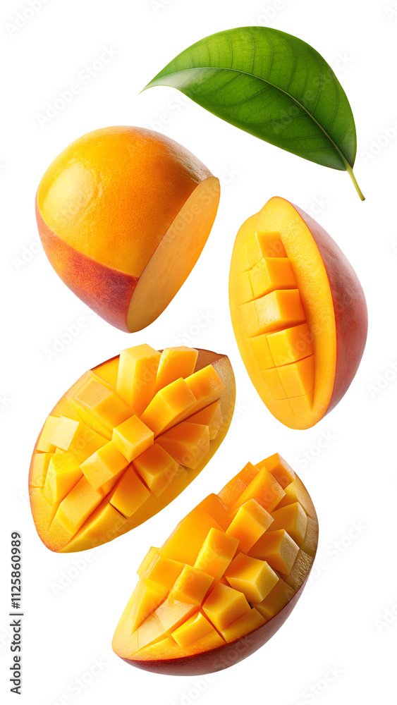 flying mango fruit and half slices isolated on transparent white ...