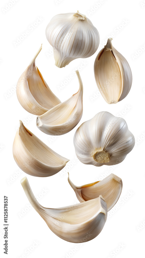 flying garlic isolated on transparent white background, clipping path ...