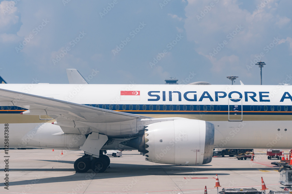 SINGAPORE - SEP 23, 2024: Side view of a Singapore Airlines aircraft ...
