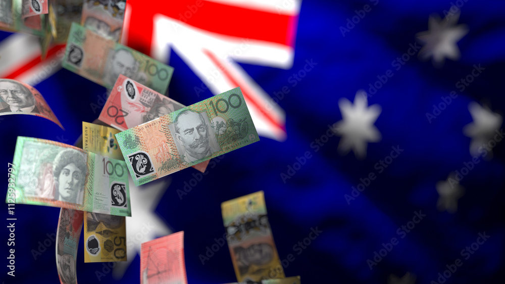 Falling Australian Currency Notes Against the Australian Flag ...