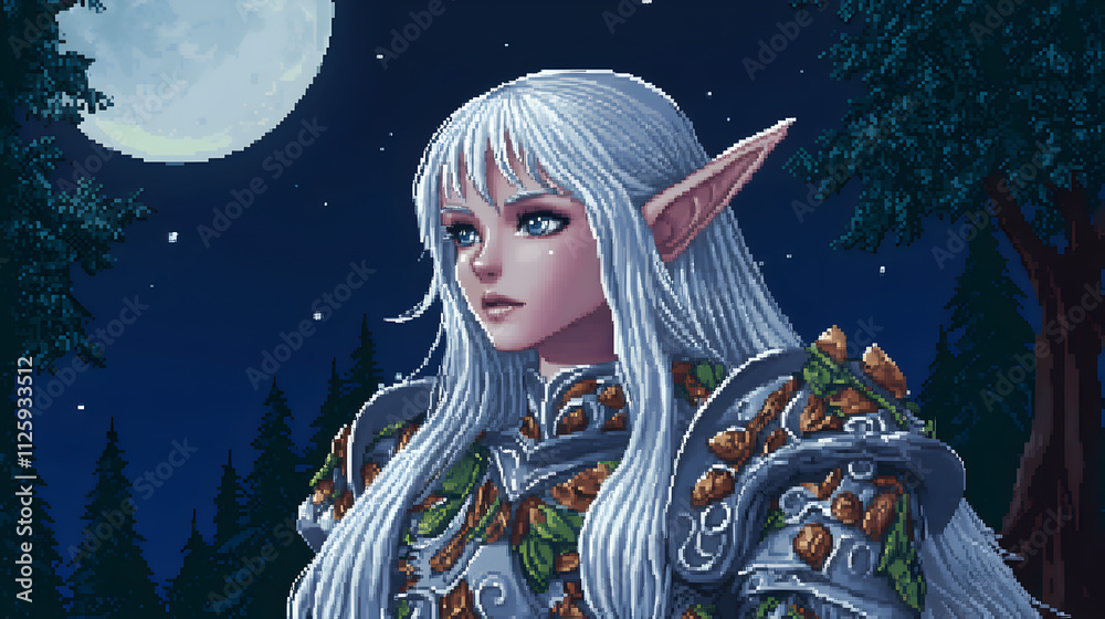pixelated 2D game character portrait of a fantasy charming female elf ...