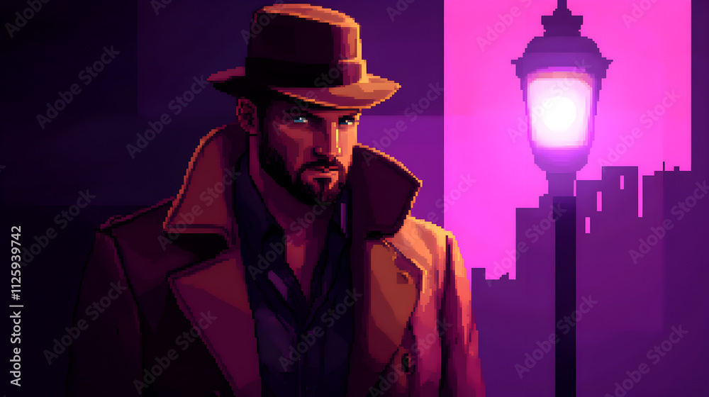 pixelated 2D game character portrait of a stylish detective with a ...