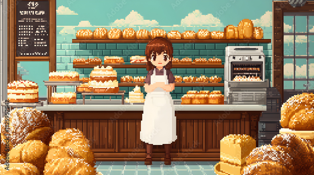 Cute anime pixel art of a character working in a pixelated bakery with ...