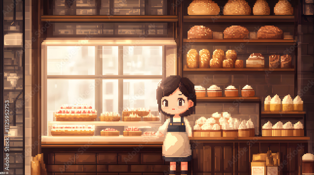 Cute anime pixel art of a character working in a pixelated bakery with ...