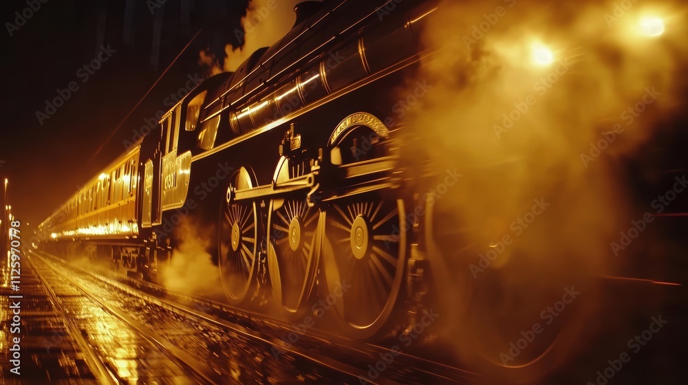 view of the The Flying Scotsman Steam train wheels spinning at night ...
