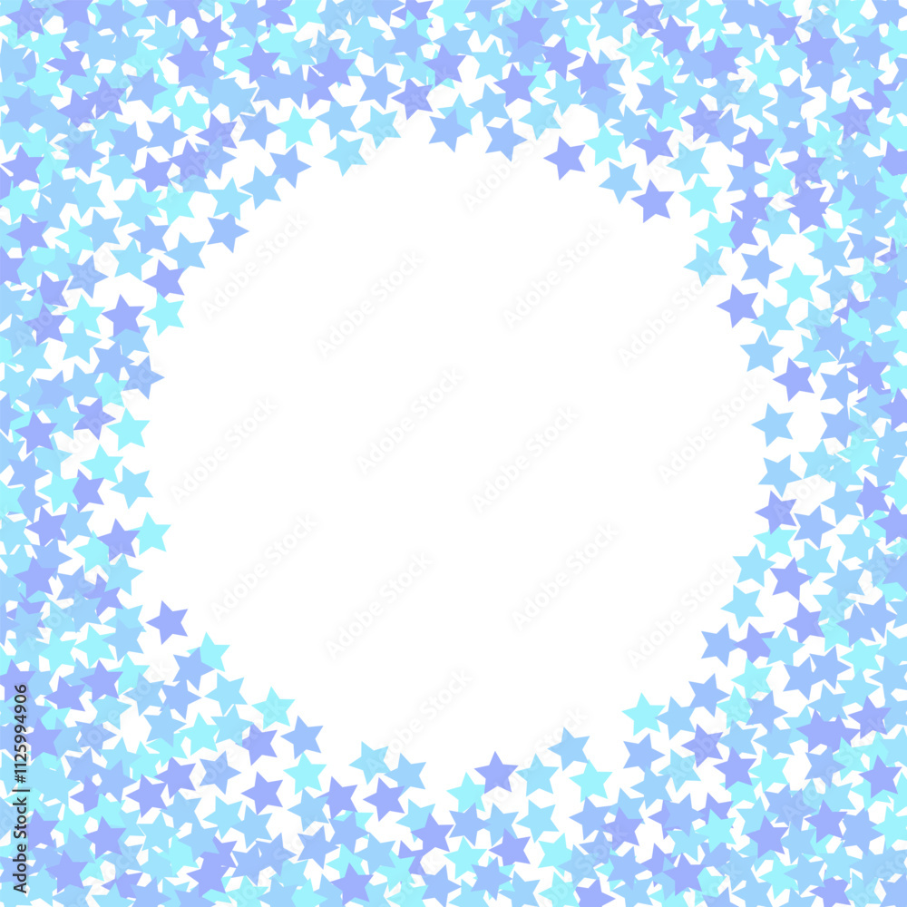 Blue stars confetti isolated on white background. Round frame with ...