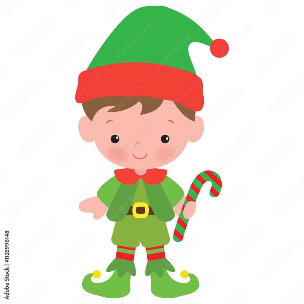 Cute Christmas elf boy with candy cane vector cartoon flat style ...