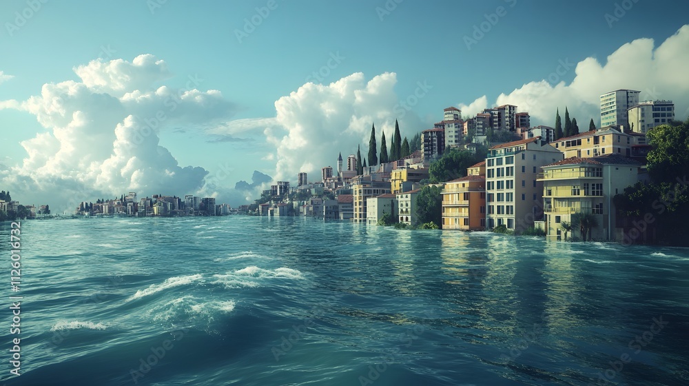 Tourists visiting a coastal city threatened by rising sea levels due to ...