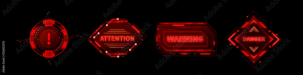 Red hud danger alert. Cyber ui error frame sign. Tech caution hologram ...