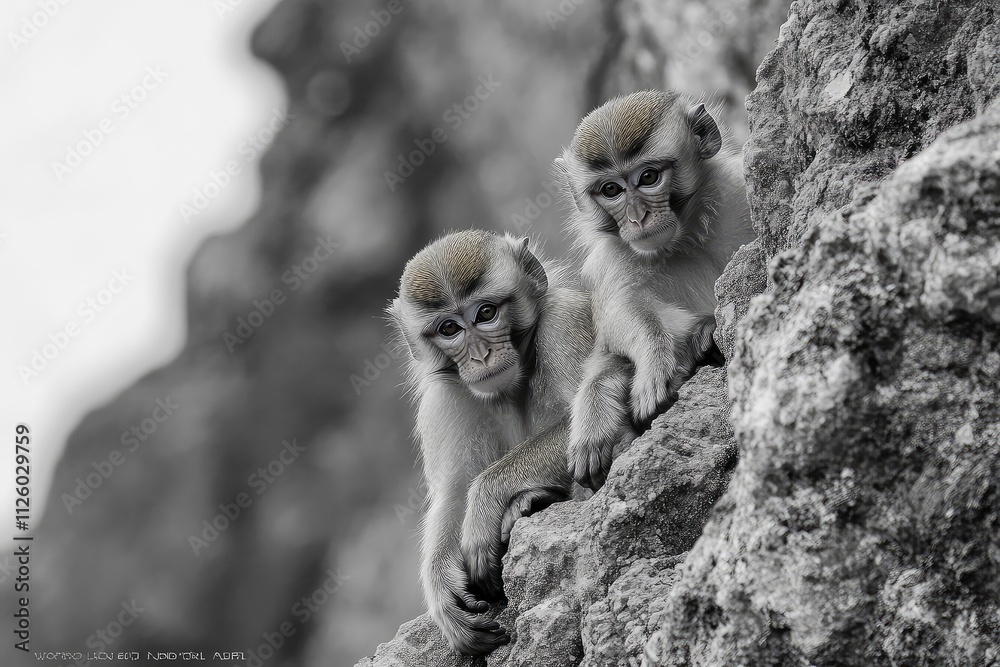Curious Barbary macaque monkeys huddled together on a rugged rocky ...