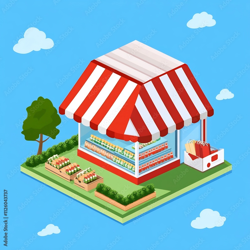 Isometric of Colorful Striped Outdoor Market Stall or Tent Set in ...